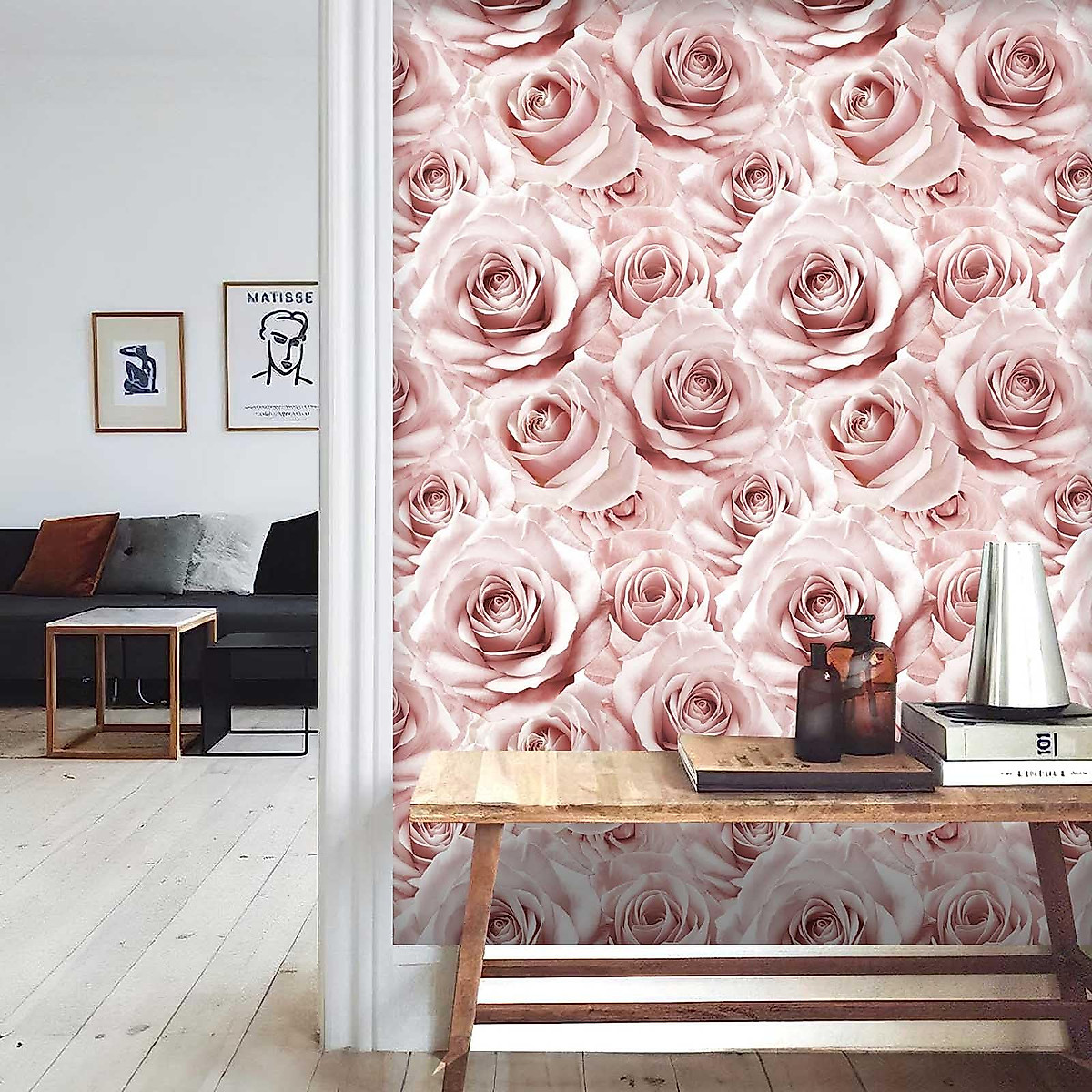 Abyssaly Pink Floral Peel and Stick Wallpaper, 17.7" X 118" Rose Flower Contact Paper for Girls Room Decoration, Removable Self Adhesive Wall Paper Modern Home Decor