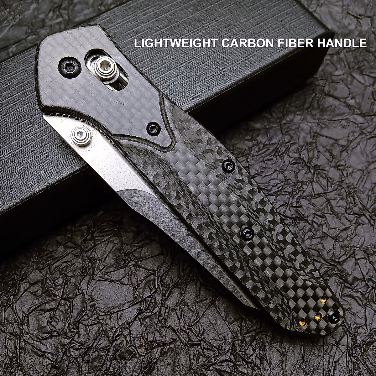 HUAAO 7.7in EDC Pocket Knife, 3.6in Reverse Tanto Blade with Thumb Stud, Plain Edge D2 Steel, Black Carbon Fiber Handle with Belt Clip Axis Lock Mechanism for Outdoor Camping