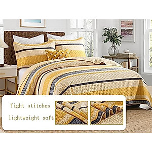 YUMIYUSHI Quilts Queen Size Sets， 100% Cotton Yellow Queen Quilt Set, Farmhouse Lightweight Queen Quilt Bedding Set,Yellow Black 3 Pieces Bed Quilt Sets in All Seasons