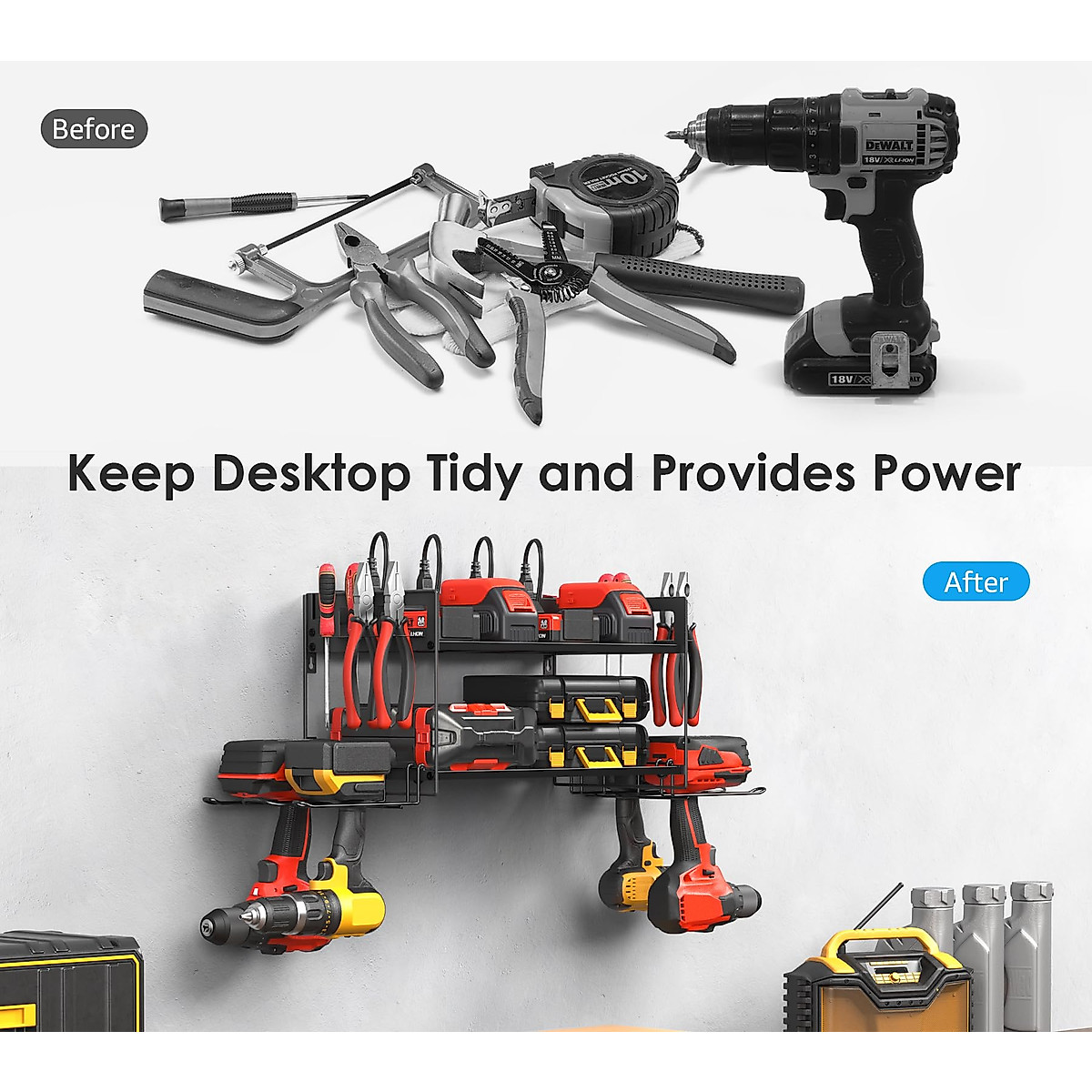 CCCEI Garage Tools Storage with Charging Station. Power Tool Battery Organizer Utility Shelf with Power Strip. 4 Drills Holder Wall Mount Rack, Black.
