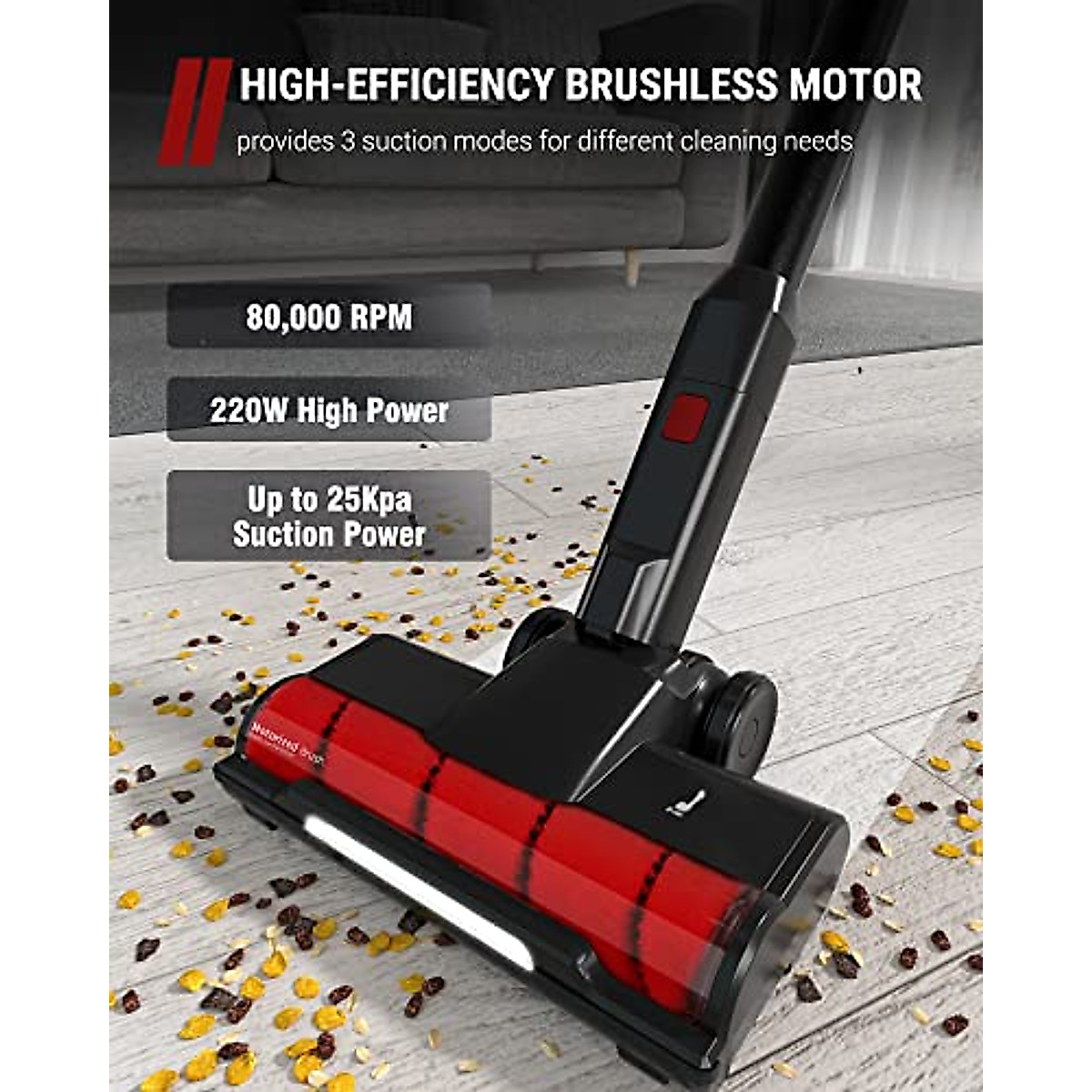 VacLife 25Kpa Cordless Stick Vacuum Cleaner - Cordless Vacuum Cleaner w/Strong Suction, Household Vacuum Cleaner for Carpet and Floor, 6-in-1 Wireless Vacuum w/LED Headlights, Red (VL732)