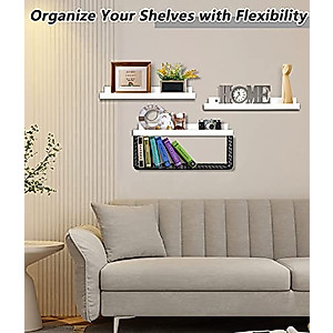 DABIGE Wall Mounted Floating Shelves, 3 Sets Wood Bathroom Shelves with Wire Storage Basket & Hooks, Farmhouse Floating Shelf for Wall Decor, Bedroom, Living Room, Kitchen, Plants, Books – White