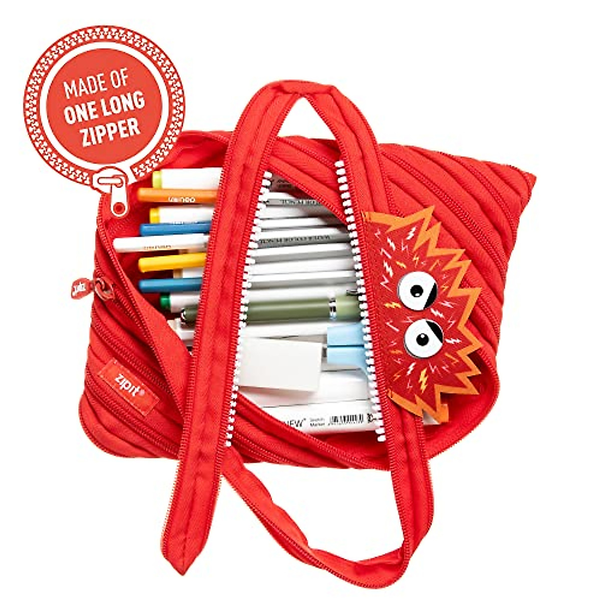 ZIPIT Talking Monstar Large Pencil Case, Holds Up to 60 Pens, Made of One Long Zipper! (Red)