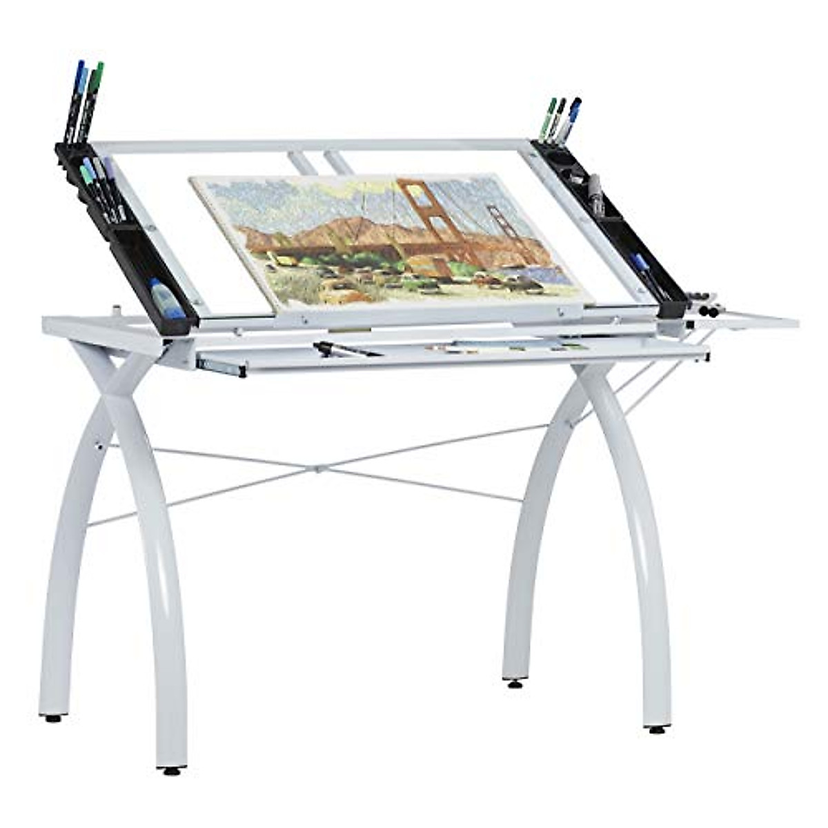 SD Studio Designs 10096 Futura Station with Folding Shelf Top Adjustable Drafting Craft Drawing Hobby Table Writing Studio Desk with Drawer, 35.5'' W x 23.75'' D, White/Clear Glass
