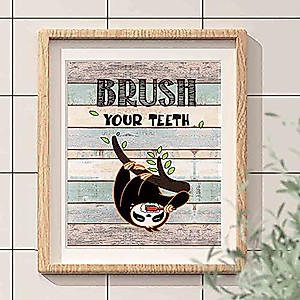 FALJIOK Funny Sloth Bathroom Decor Wall Art Sign, Rustic Farmhouse Wood Sloth Bathroom Rules Wall Art for Kids, Sloth lover, Nursery, Wash Brush Flush, 4set,8”X10” Unframed