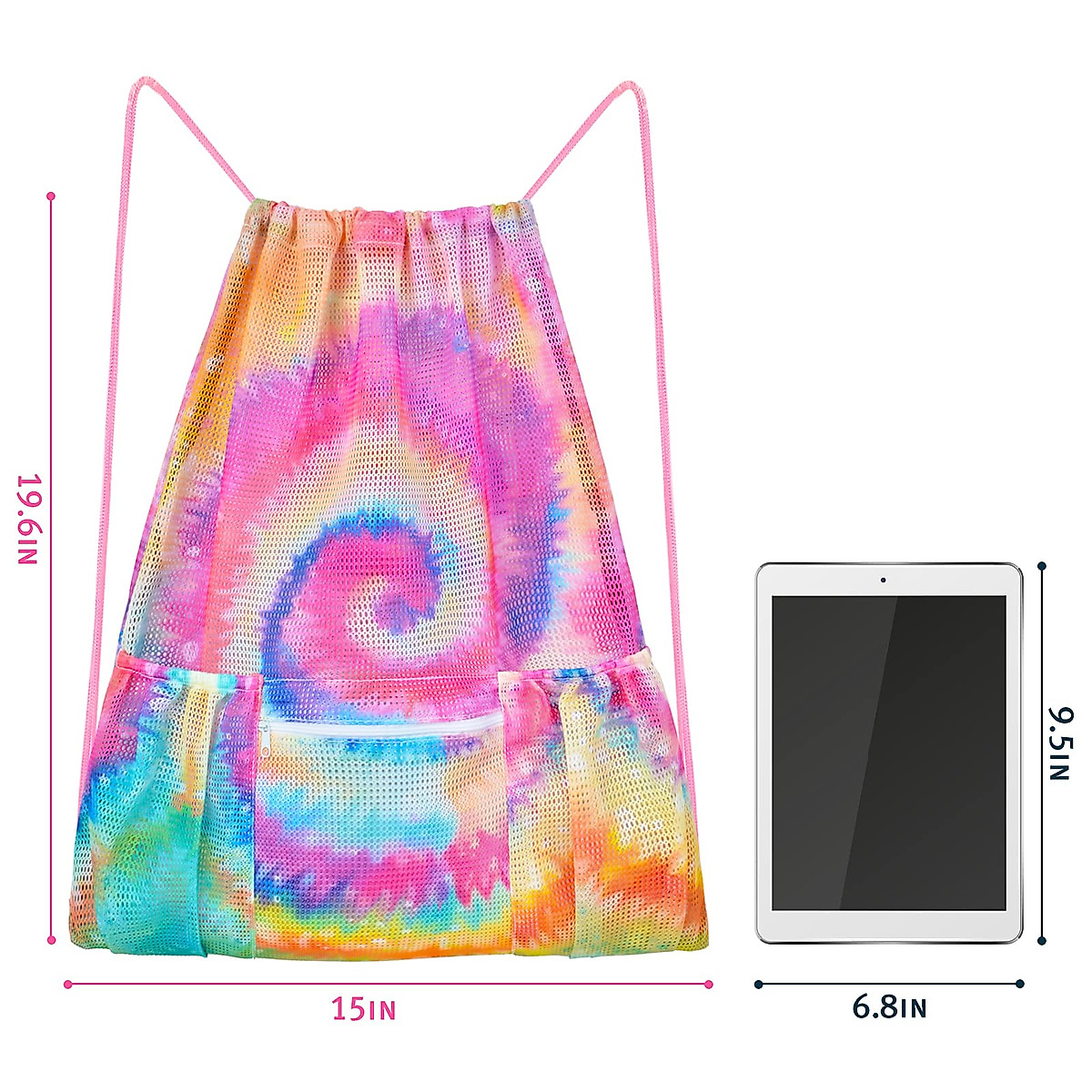 Fiodrimy Mesh Drawstring Backpack Bag Beach Bag with Zipper Pocket Gym Backpack Bag for Swimming Gear Gym Storage Bag for Adult Kids (Tie Dye)
