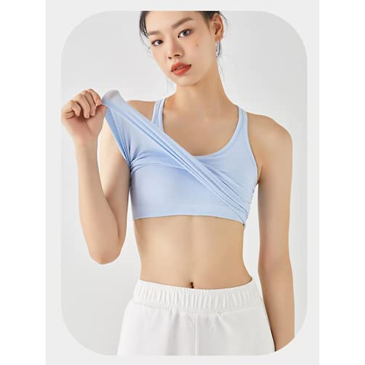 Women's Crop Yoga Racerback Tank Tops Built in Sports Bra Exercise Tops Workout Shirts Blue S