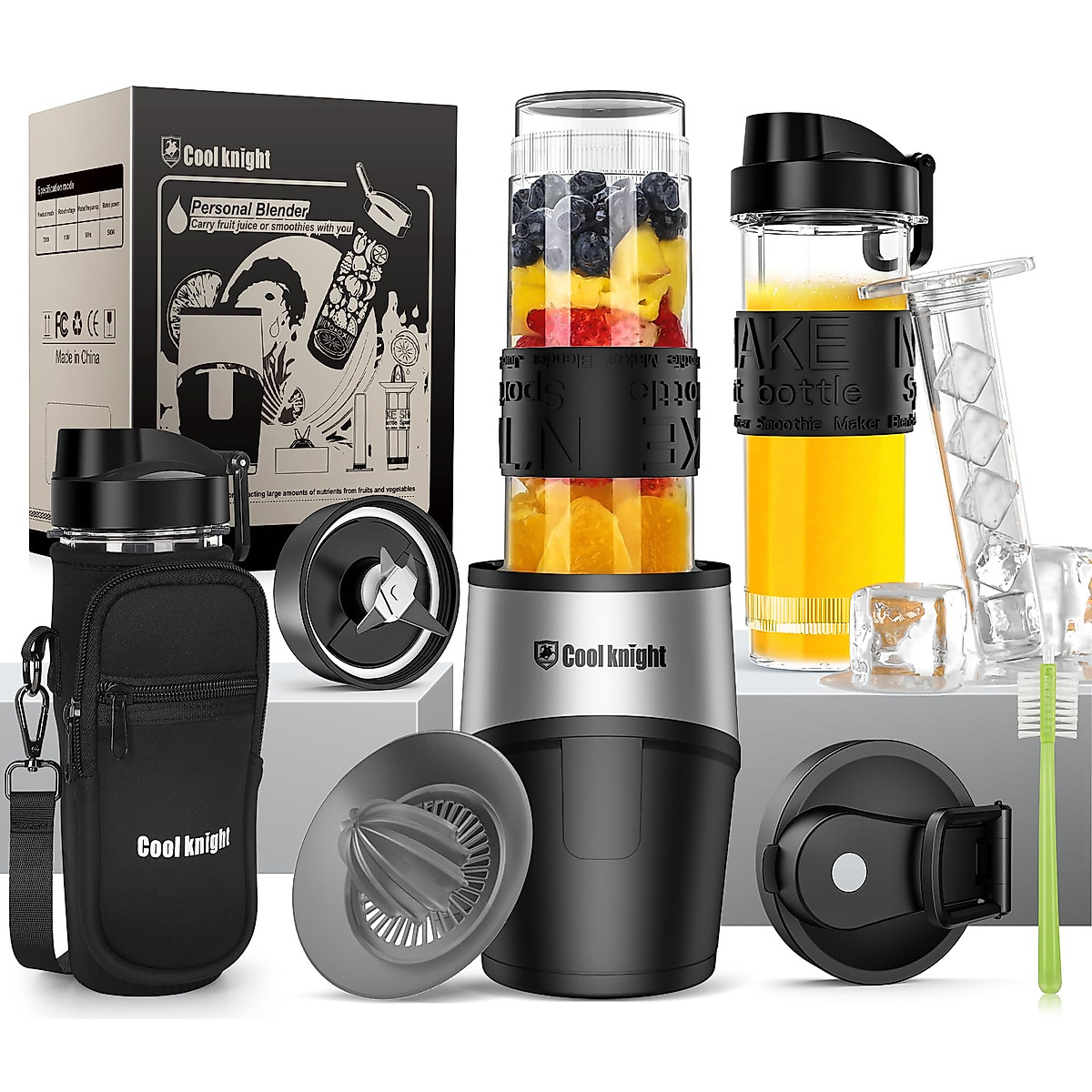 COOL KNIGHT Personal Blender, 500W Portable Blender for Shakes and Smoothies, 10 Pieces Personal Smoothie Blender Set, With 2 * 20 oz Travel Mugs, Carrier Bag, Cooler Stick and Lemon Juicer.BPA Free