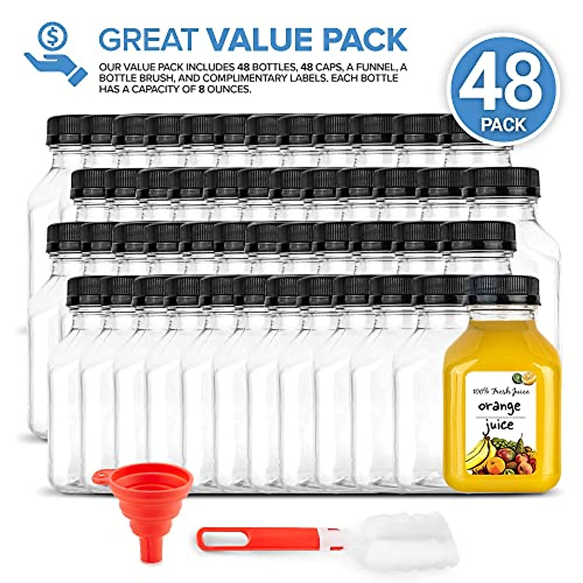 8 oz Juice Bottles with Caps for Juicing - Reusable Plastic Bottles with Lids - 8 Oz Drink Containers for Mini Fridge, Juicer Shots, Small Water Bottles - Includes Labels, Brush & Funnel - (48 Pack)