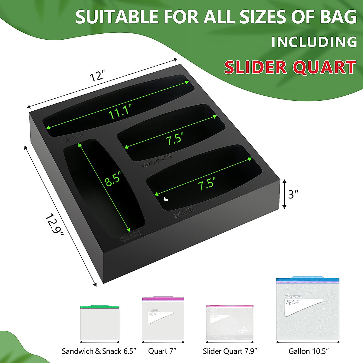 Ziplock Bag Storage Organizer - Bamboo Baggie Organizer for Kitchen Drawer - Black Kitchen Drawer Organizer - Compatible with Gallon, Quart Slider, Sandwich & Snack Variety Size Bags