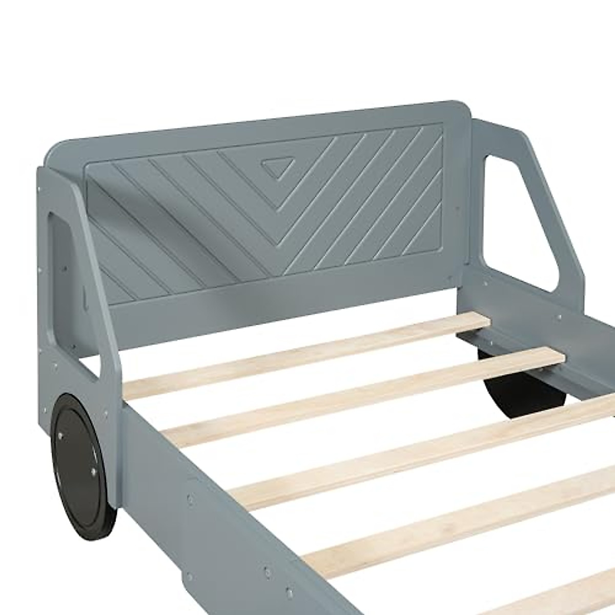 Designs Twin Size Car-Shaped Platform Bed with Wheels Wooden Platform Bed Frame with Support Slats for Kids Boys Girls Teens (Gray-@2)