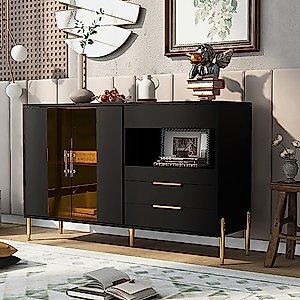 Knocbel Contemporary 53.5" Buffet Sideboard Storage Cabinet with 3 Drawers, Acrylic Doors and Adjustable Glass Shelves, Living Room Entry Hallway Foyer Table Coffee Bar Cabinet