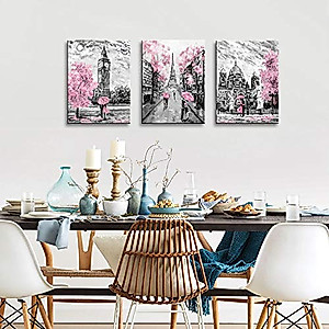 CANVASZON Black and White Canvas Wall Art for Living Room Bedroom Bathroom Girls Pink Paris Theme Room Decor Oil Painting Print London Big Ben Tower Eiffel Painting for Wall Decor Pink