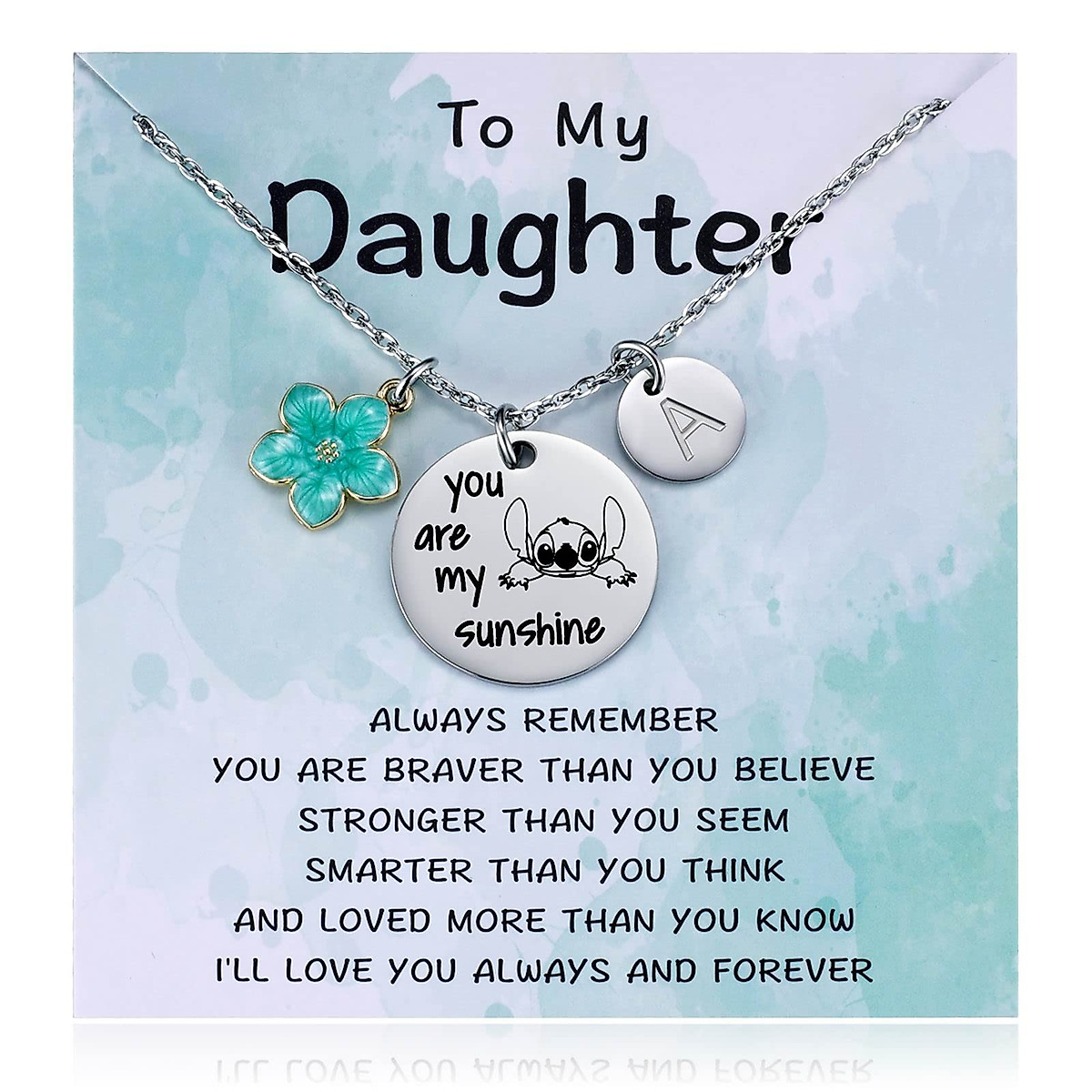 MIXJOY To My Daughter Stitch Gifts You are My Sunshine Initial A Stitch Necklace&Sentimental Message Card for Teen Young Daughter Lilo and Stitch Jewelry Birthday