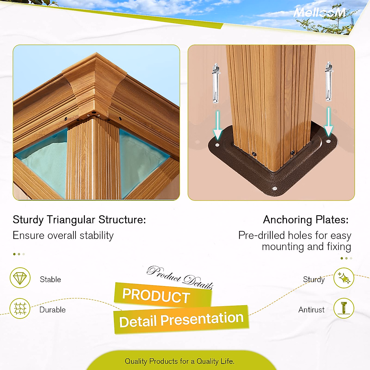 MELLCOM 14'x20' Gazebo, Galvanized Steel Double Roof with Wood Grain Aluminum Frame, Outdoor Permanent Metal Pavilion with Curtains and Nettings for Patio, Backyard and Deck