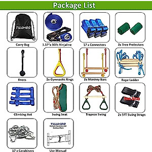 TUAHOO 600lbs Ninja Obstacle Course for Kids Backyard - Ninja Training Obstacles 50' Slackline Kits - Outside Line Ninja Kids Playset with Swings, Monkey Bars, Gym Rings, Rope Ladder, Climbing Net