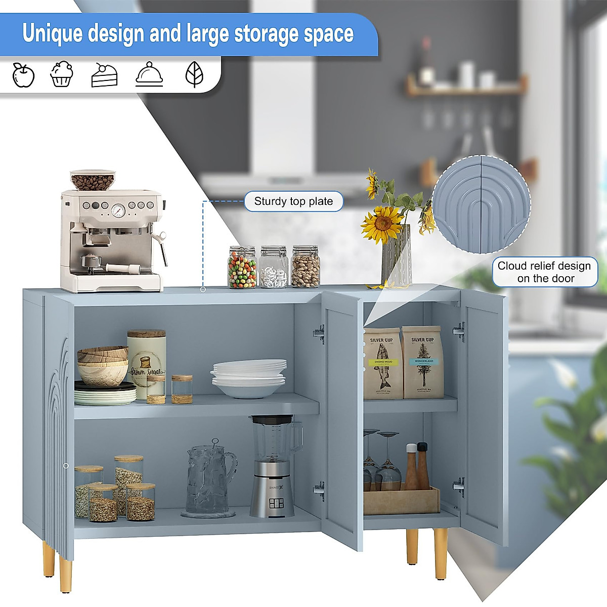 HLR Buffet Cabinet with Storage and 3 Doors, 47" Modern Wood Accent Storage Cabinet with Relief Patterned Doors, Sideboard Cabinet Credenzas for Living Room, Dining Room, Kitchen, Entryway, Blue