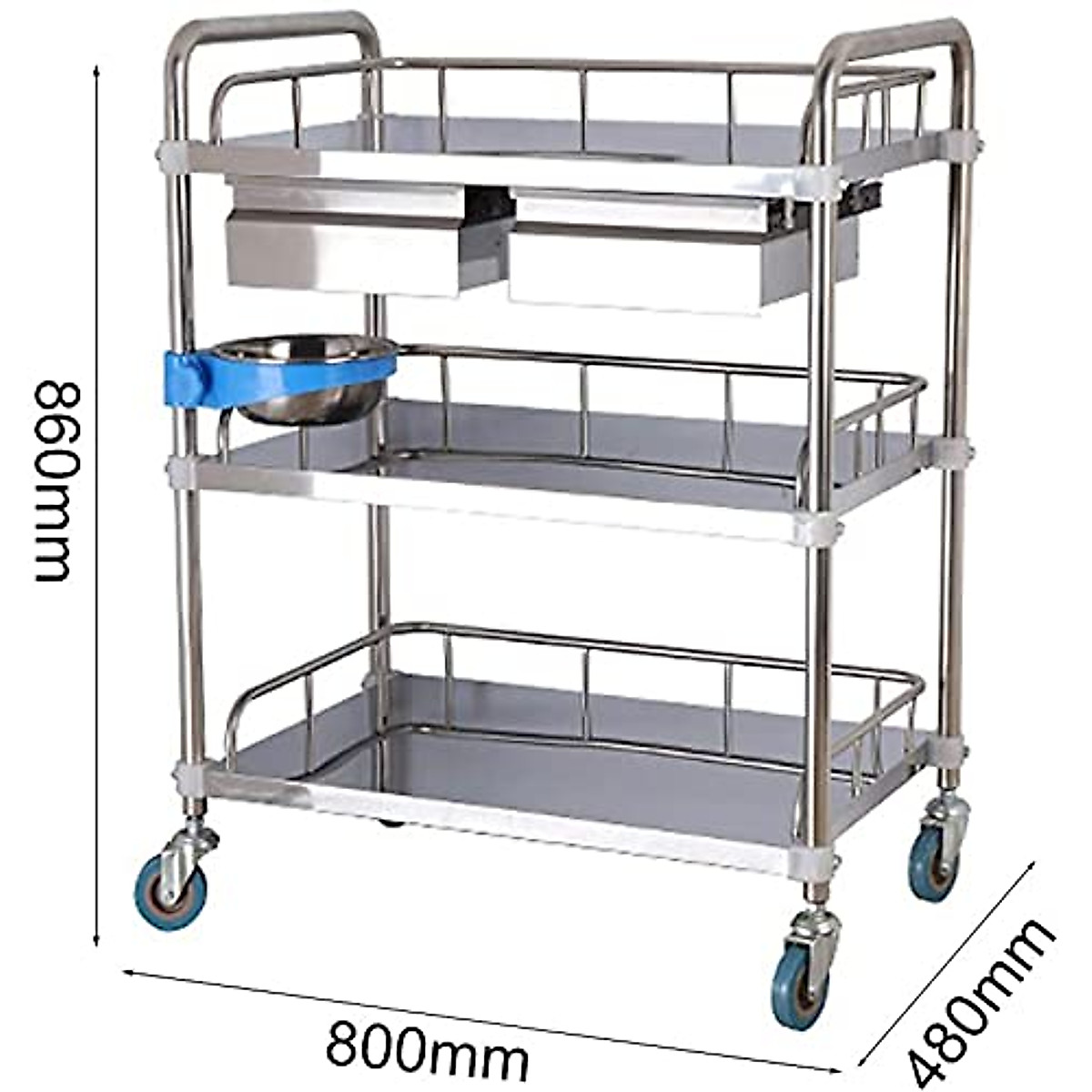 Utility Cart Lab Serving Cart, Medical Cart 3-Tier Medical Trolley with Drawers and Dirt Bucket,Assemble Small Surgical Cart for Lab Equipment,Detachable Stainless Cart Load 100 Kg ( Size : Large )