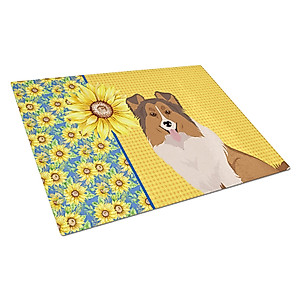 Caroline's Treasures WDK5482LCB Summer Sunflowers Sable Sheltie Glass Cutting Board Large Decorative Tempered Glass Kitchen Cutting and Serving Board Large Size Chopping Board