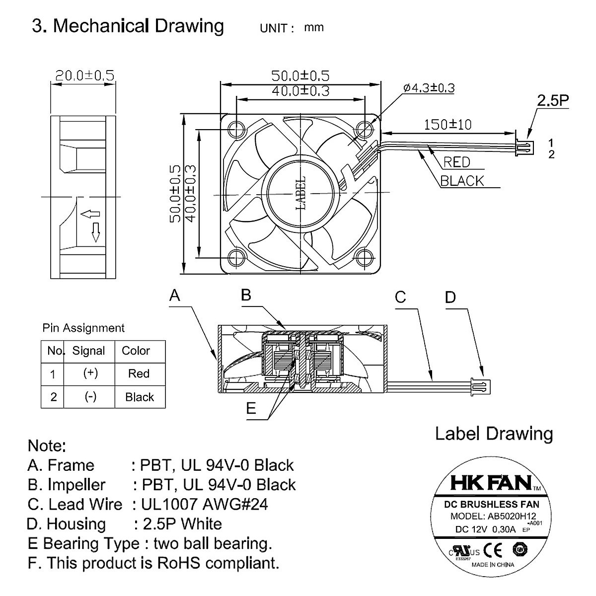Security-01 50mm x 50mm x 20mm 5020 12V 0.30A Ball Bearing Brushless DC Cooling Fan 2pin AB5020H12 UL (Pack of 2)