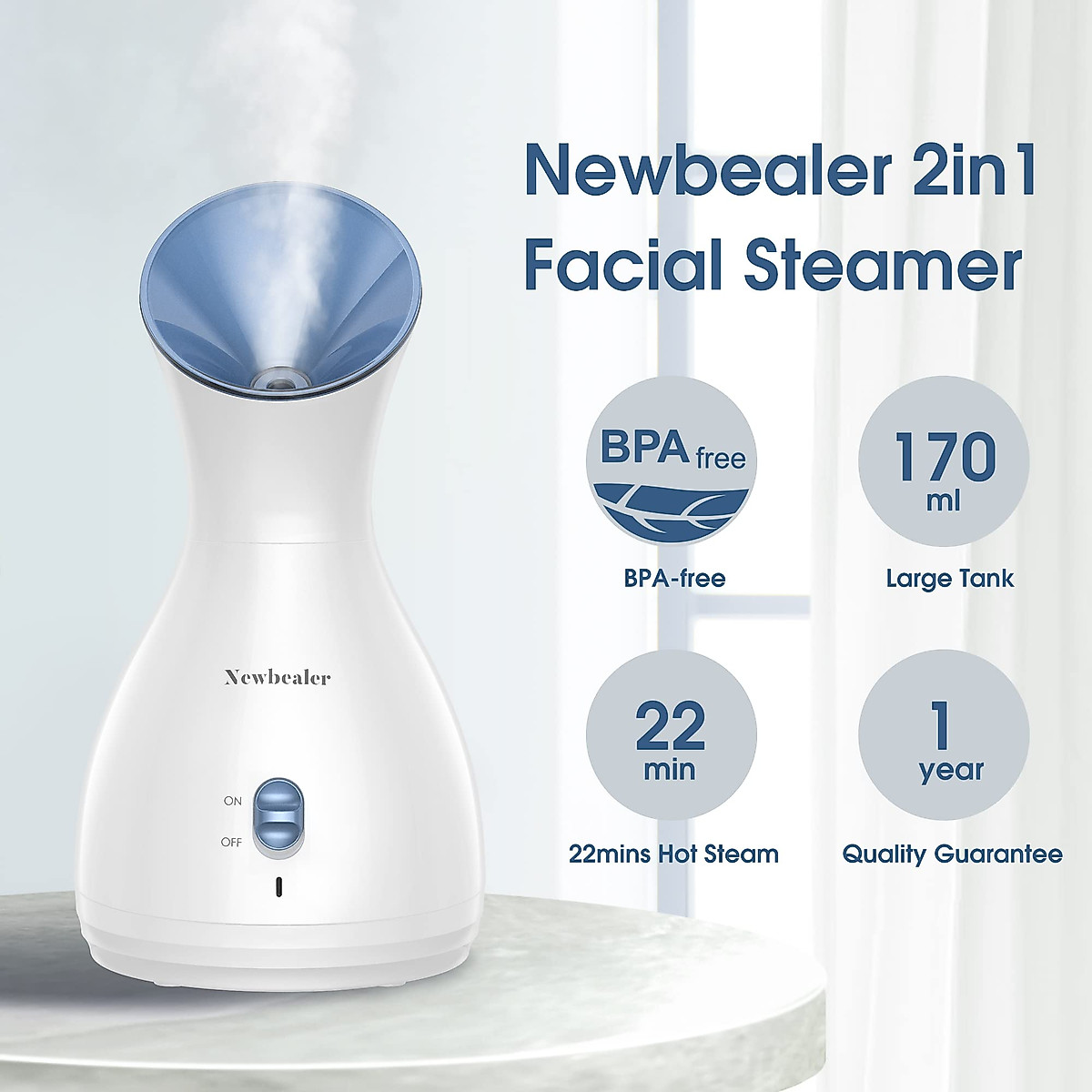 Newbealer 2in1 Facial Steamer, Hot Mist Facial Aromatherapy Humidifier Atomizer, Large Face Steamer Unclogs Pores Sinuses Moisturizing, Home Sauna Spa with Eyebrow Set (Blue, 170 ml)