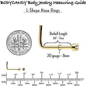 Body Candy 14k Gold L-Shaped Nose Ring with 1.5mm Diamond (0.015 cttw), Hypoallergenic Nose Jewelry - Handmade in USA, 20 Gauge 1/4 inch at Bend