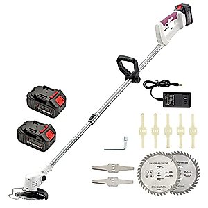 Cordless String Trimmer Battery Powered, 50 Inch with 3 Types Blades Upgrade 2pcs 21V Li-Ion Battery Electric Weed Wacker Brush Cutter Powerful String Trimmer for Lawn, Yard，Garden, Bush Trimming