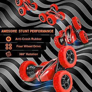 ORRENTE RC Stunt Car Toy , Offroad Remote Control Monster Trucks 4WD 2.4Ghz Rock Crawler with Headlights, Double Sided 360° Flips Toys Gift for Kids Boys Girls (Red)