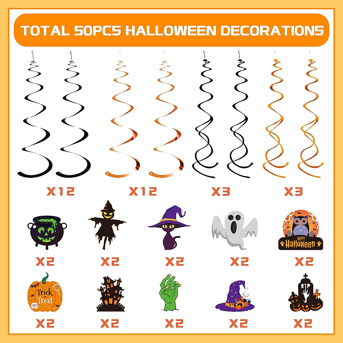Yoqipati 50Pcs Halloween Ceiling Decorations Hanging Swirls Foil Streamers Ghost Pumpkin Witches Foil Ceiling Streamers for Halloween Party Decorations