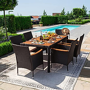 Devoko Outdoor Patio Dining Sets 7 Pieces Rattan Patio Conversation Set with Acacia Wood Table Top and Widened Armrests, Wicker Outdoor Dining Table and Chairs Set for Backyard, Garden, Deck