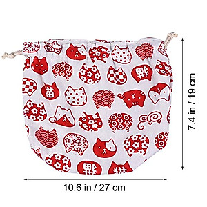 NUOBESTY Lunch Box Pouch with Drawstring Japanese Portable for Bento Boxes Tote Bag Picnic Office Outdoor Lunch Storage Handy Bags Cat Printed Red