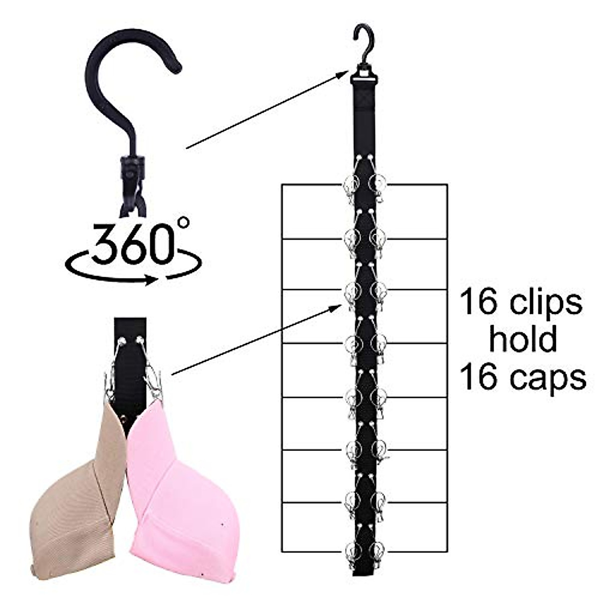 LEVOSHUA Closet Hanging Cap Organizer, 16 Baseball Cap Rack, Closet Hook Cap Holder Hat Storage Organizer - Keep Hats Cleaner Than a Hat Rack (1 Pack)
