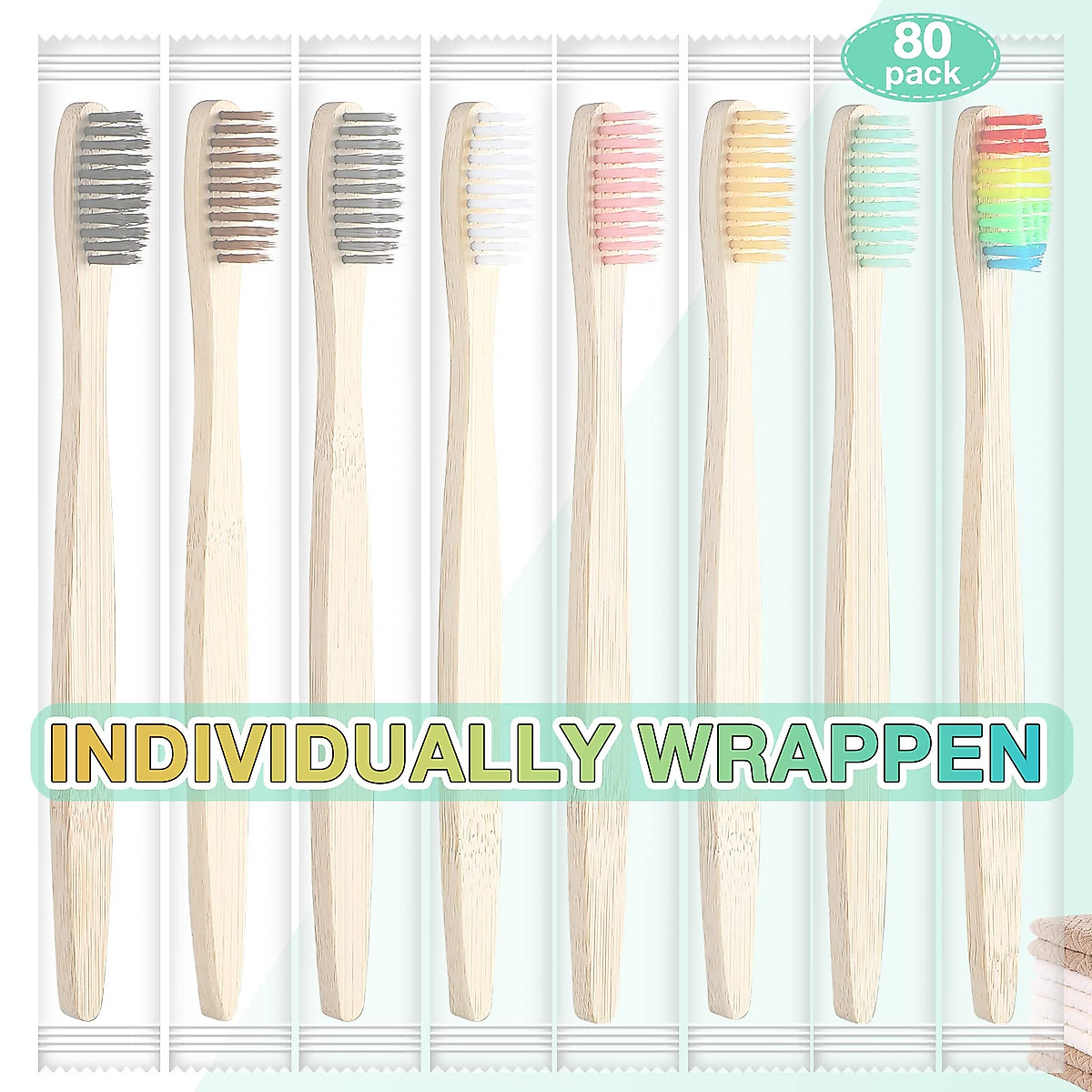 Potchen 80 Pcs Bamboo Toothbrushes Bulk Soft Bristles Toothbrushes Colorful Nylon Charcoal Soft Toothbrushes for Adults Oral Teeth Travel Use, 8 Colors, Individually Wrapped