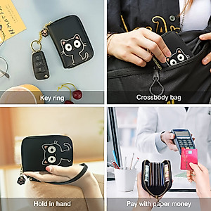 CONISY Cute Card Holder for Women, RFID Leather Small Credit Card Holder Wallet with Removable Keychain Wristlet (black cat)