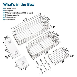 BOARWILY Adhesive Shower Caddy Shelf Organizer , Bathroom Shower Rack with Soap Dishes , 304 Stainless Steel Bathroom Shower Storage Organizer with 6 Hooks - 3 Pack , No Drilling