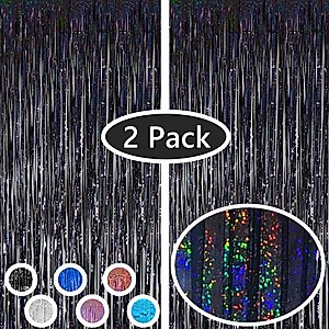 Vanujoy Iridescent Black Foil Fringe Backdrop Curtains 2024 Graduation Party Decoration - 2 Pack Tinsel Party Door Wall Curtain for Birthday Bachelorette Party Engagement Bridal Shower Baby Shower