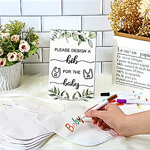 26 Pcs Baby Bibs and Game Set Baby Shower Game Sign 15 White Feeder Bibs 10 Fabric Markers for Gender Reveal (Green Leaves)