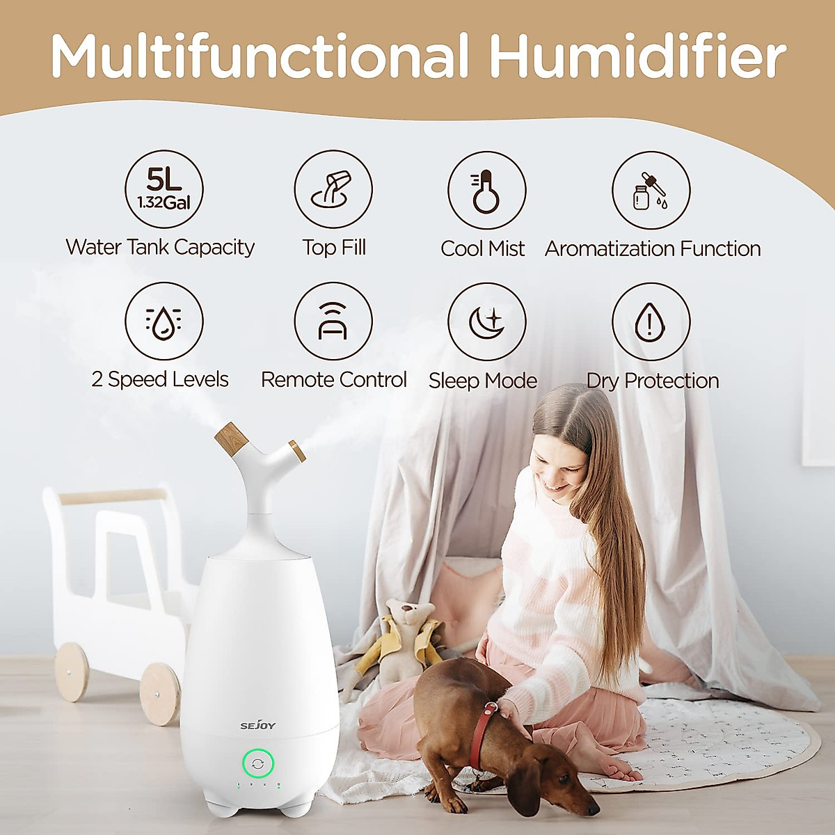 Humidifiers for Large Room 5L Ultrasonic Cool Mist Humidifier for Bedroom Cute Humidifier Ultra Quiet Top Fill Air Humidifier for Baby Plants with Essential Oil Diffuser and Remote Control, White