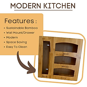 Ziplock Bag Organizer - Bamboo Sandwich/Storage Bag Organizer Kitchen Drawer or Wall, Food Storage Bag Organizer, Fits Four (4) Bag Sizes, Universally Compatible