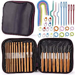 Mayboos 20 Pieces Bamboo Crochet Hooks Kit, Wooden Bamboo Crochet Hooks with Silver-Plated Aluminum Hook Sizes 1.0-10.0 MM for Handcrafted Knitting Needles