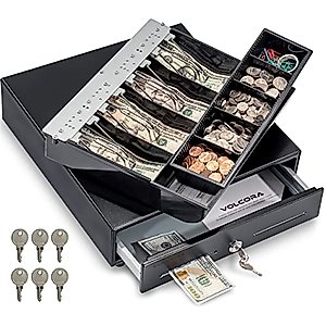 Volcora 13" Cash Register Drawer for Point of Sale (POS) System with Fully Removable 2 Tier Cash Tray, 4 Bill/5 Coin, 24V, RJ11/RJ12 Key-Lock, Double Media Slot, Small Square Money Drawer, Black