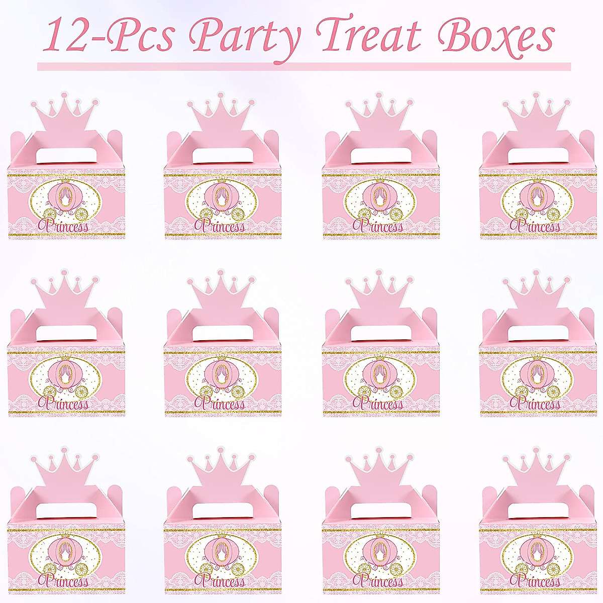 Outus 12 Pieces Little Princess Crown Treat Box Princess Decoration Supplies Favors Pink and Gold Princess Baby Shower or Birthday Girl Party Boxes