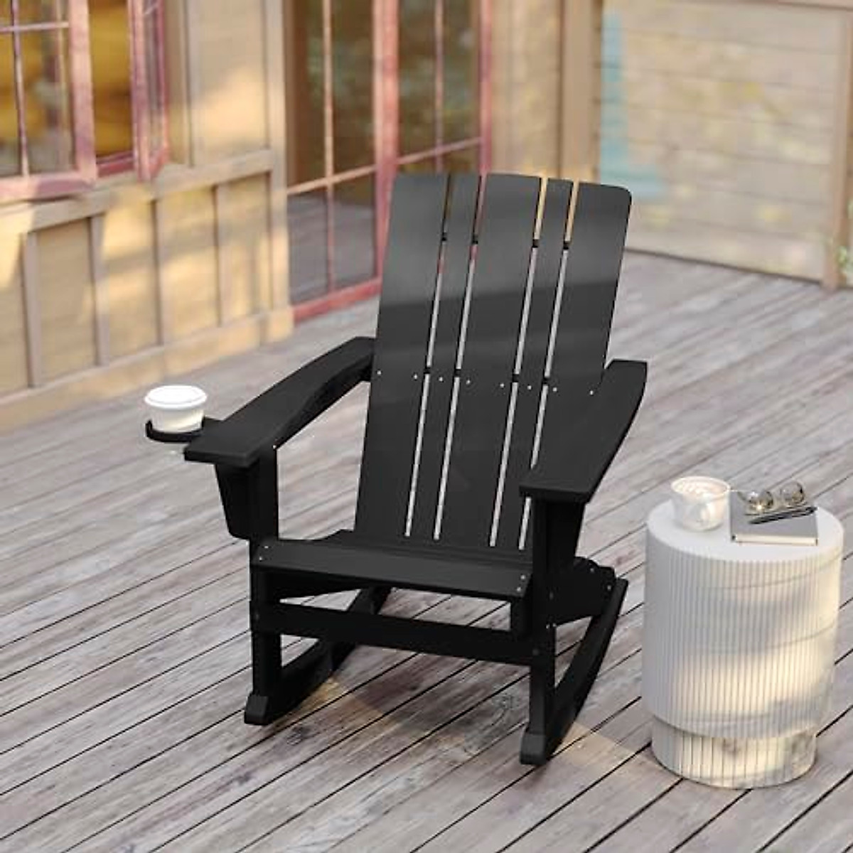 Flash Furniture Halifax Adirondack Rocking Chair with Cup Holder, Weather Resistant Poly Resin Adirondack Rocking Chair, Black