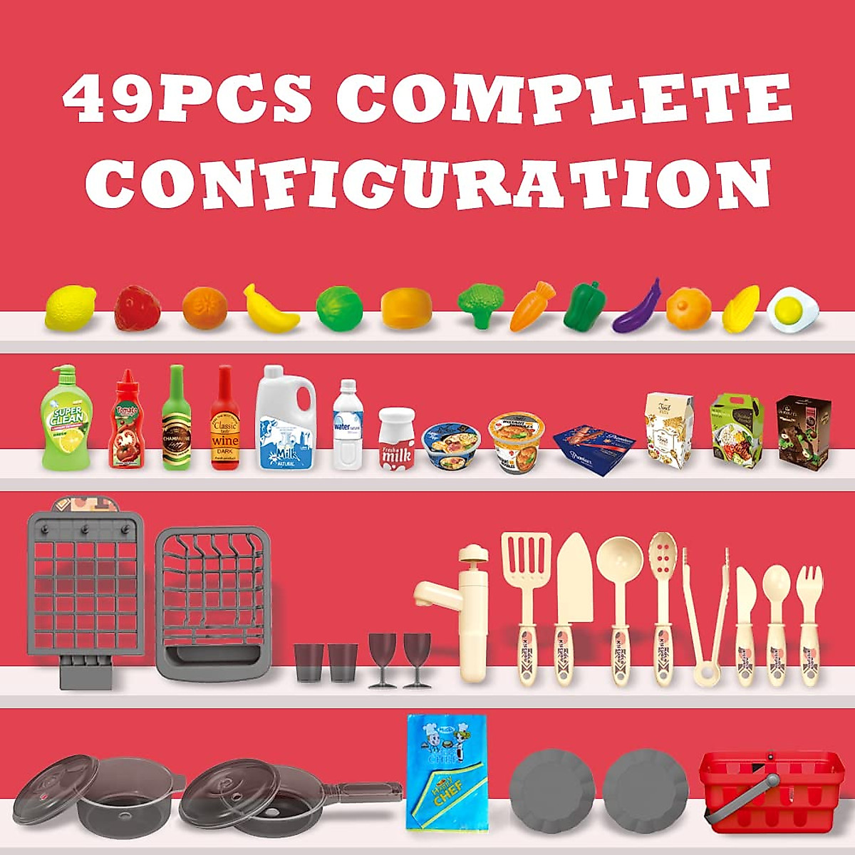 Aikitub Kitchen Play Set for Kids - 49PCS Pretend Cooking Playset Accessories with Pot and Pan,Dish Rack,Play Sink,Pretend Play Food Toys with Baby&Toddler-Educational Gift for 3 4 5 6 Ages Girls&Boys