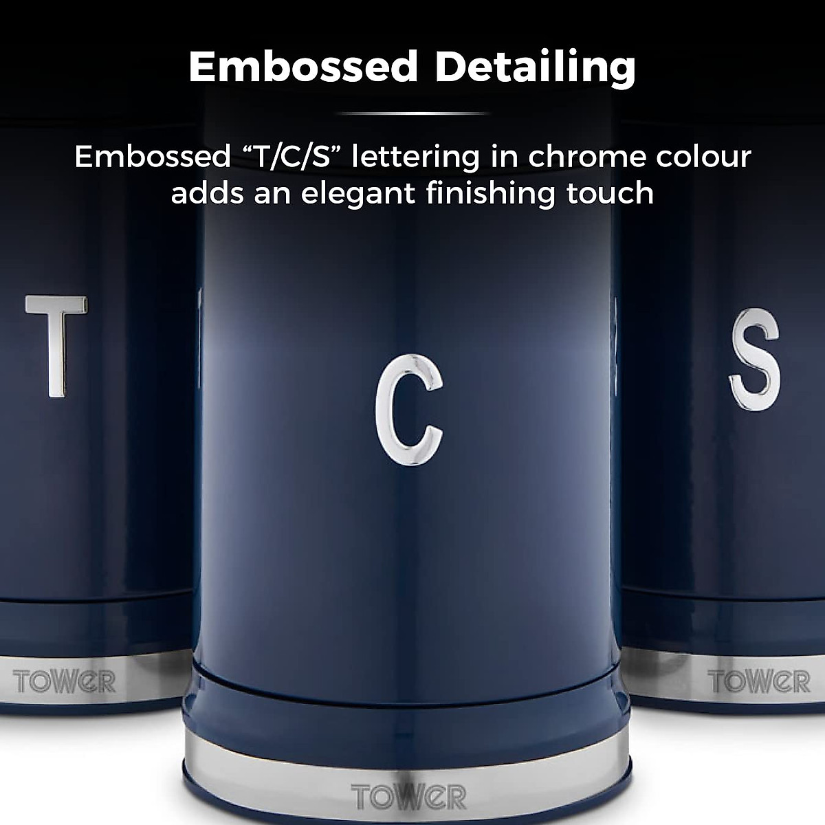 Tower T826171MNB Belle Set of 3 Canisters, Tea/Coffee/Sugar Storage, Midnight Blue