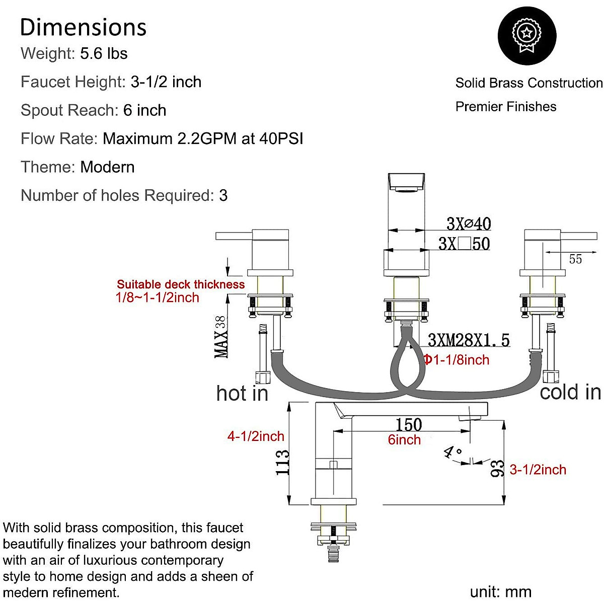 Luxury Widespread Bathroom Sink Faucets 3 Hole, 2-Handle 8 Inch Bathroom Vanity Faucet, with Matching Pop-up Drain Assembly, Brass Matte Black