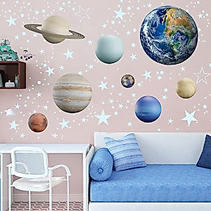 Glow in The Dark Stars Solar System Wall Decals, The Earth Wall Stickers for Bedroom, Baby Nursery Planets Sticker Decoration for Ceiling (Blue)