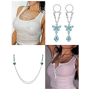 Ocptiy Fake Clamps Piercing Jewelry for Women Men Butterfly Fake belly Chain Cute Stainless Surgical Steel Faux Silver Bar Non-Piercing Clip On Dangle Body Piercing Jewelry for Women