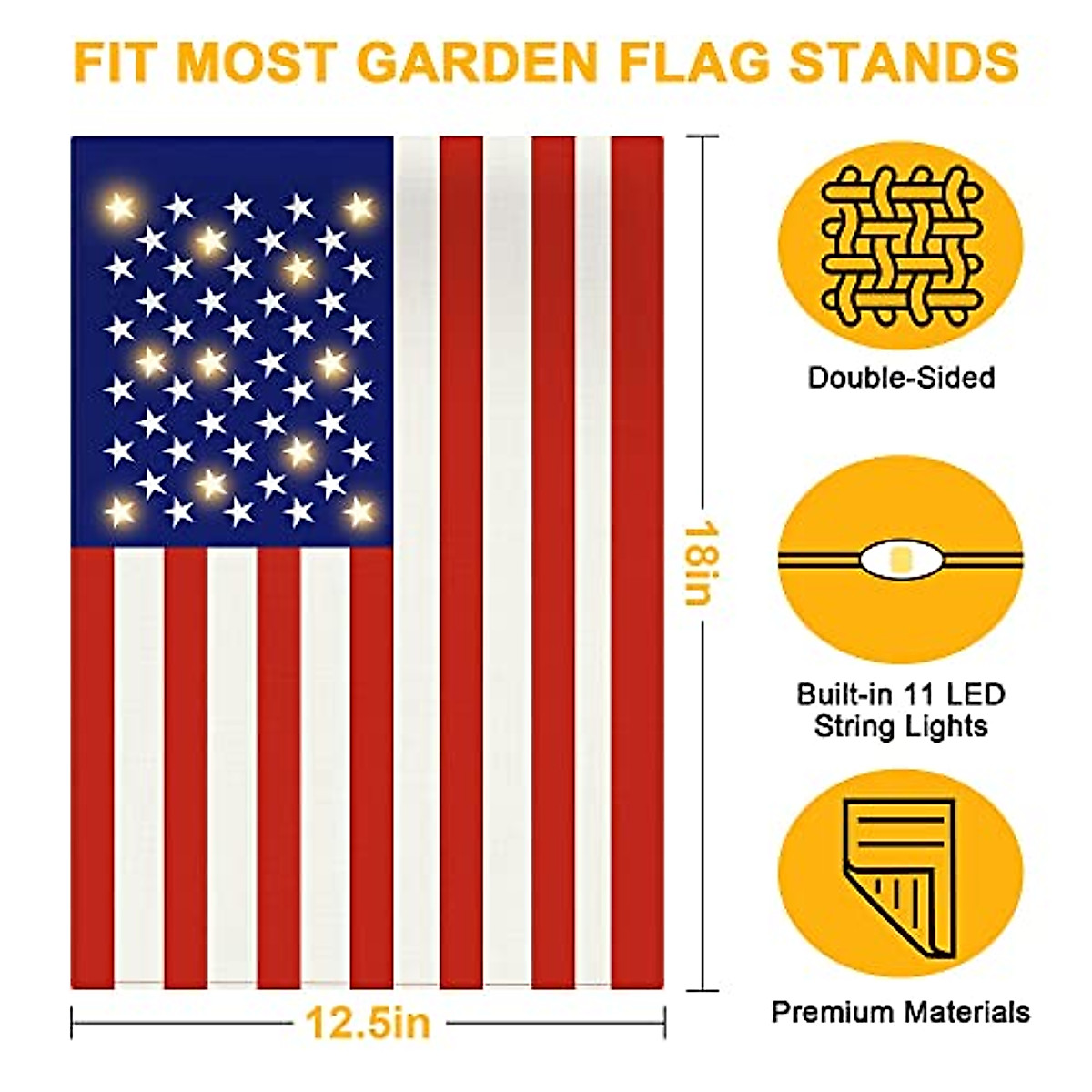 Hopolon American Garden Flags 12 X 18 Inch- 11 Warm White LED Lights with Solar Panel,US USA Double Sided Small American Flag for Holiday,Christmas,Yard, Banner, Patriotic,Outdoor Lawn Decoration