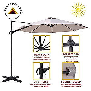 FLAME&SHADE 10 ft Cantilever Offset Outdoor Patio Umbrella with Base Stand Rotate and Tilt - Beige